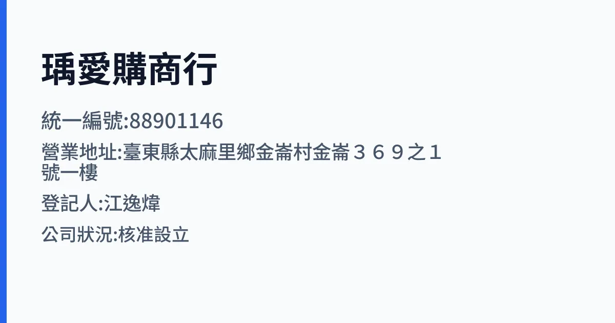 瑀愛購商行 - 統編 88901146(臺東縣) 公司登記資料與營業項目詳細圖表