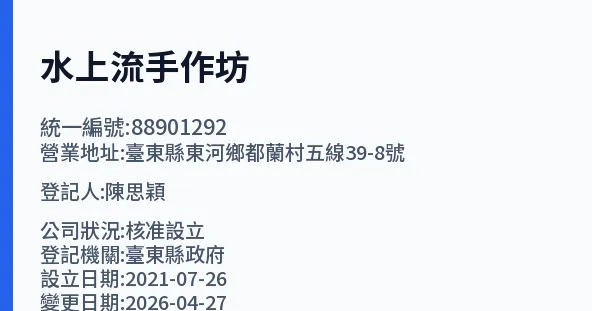水上流手作坊的照片-統編 88901292(臺東縣) 公司登記資料與營業項目詳細圖表