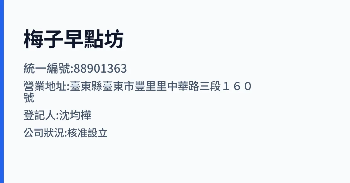 梅子早點坊 - 統編 88901363(臺東縣) 公司登記資料與營業項目詳細圖表
