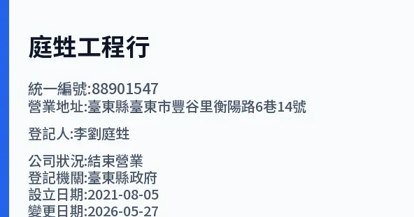 庭甡工程行的照片-統編 88901547(臺東縣) 公司登記資料與營業項目詳細圖表