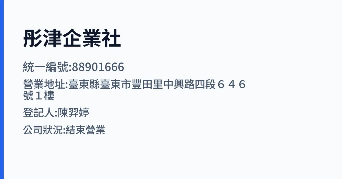 彤津企業社 - 統編 88901666(臺東縣) 公司登記資料與營業項目詳細圖表