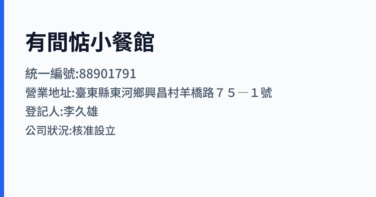 有間惦小餐館 - 統編 88901791(臺東縣) 公司登記資料與營業項目詳細圖表
