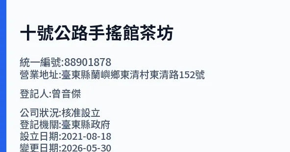 十號公路手搖館茶坊的照片-統編 88901878(臺東縣) 公司登記資料與營業項目詳細圖表