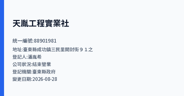 天胤工程實業社的照片-統編 88901981(臺東縣) 公司登記資料與營業項目詳細圖表
