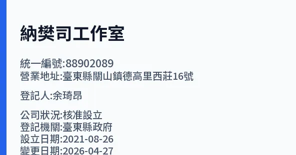 納樊司工作室的照片-統編 88902089(臺東縣) 公司登記資料與營業項目詳細圖表