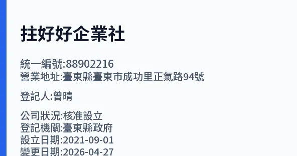 拄好好企業社的照片-統編 88902216(臺東縣) 公司登記資料與營業項目詳細圖表