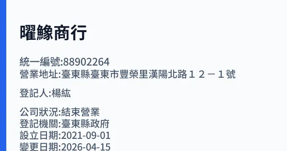 曜鱌商行的照片-統編 88902264(臺東縣) 公司登記資料與營業項目詳細圖表