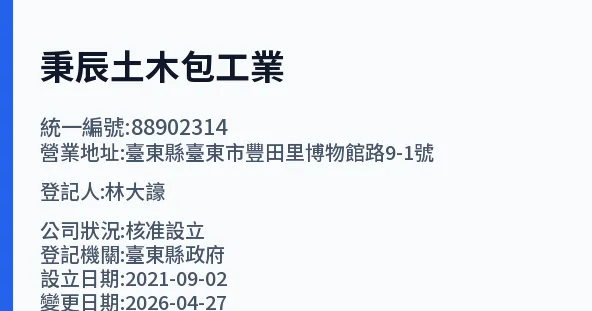 秉辰土木包工業的照片-統編 88902314(臺東縣) 公司登記資料與營業項目詳細圖表