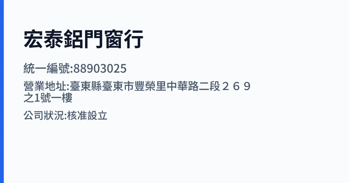 宏泰鋁門窗行 - 統編 88903025(臺東縣) 公司登記資料與營業項目詳細圖表