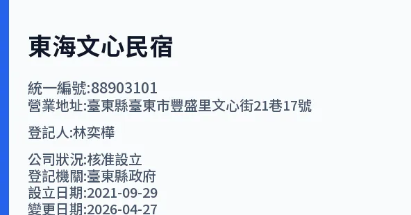 東海文心民宿的照片-統編 88903101(臺東縣) 公司登記資料與營業項目詳細圖表