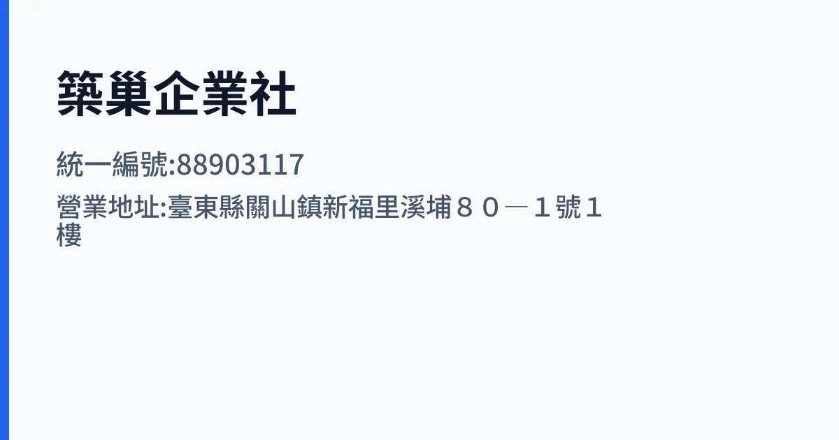 築巢企業社 - 統編 88903117(臺東縣) 公司登記資料與營業項目詳細圖表