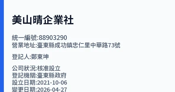 美山晴企業社的照片-統編 88903290(臺東縣) 公司登記資料與營業項目詳細圖表