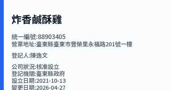 炸香鹹酥雞的照片-統編 88903405(臺東縣) 公司登記資料與營業項目詳細圖表