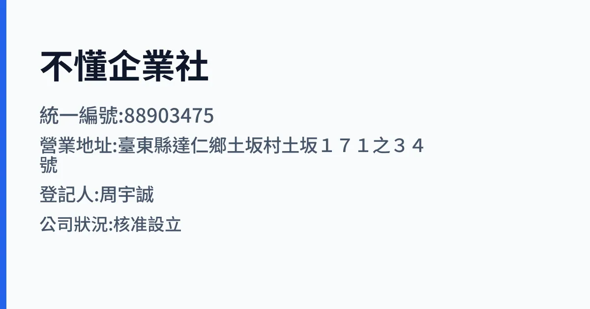不懂企業社 - 統編 88903475(臺東縣) 公司登記資料與營業項目詳細圖表