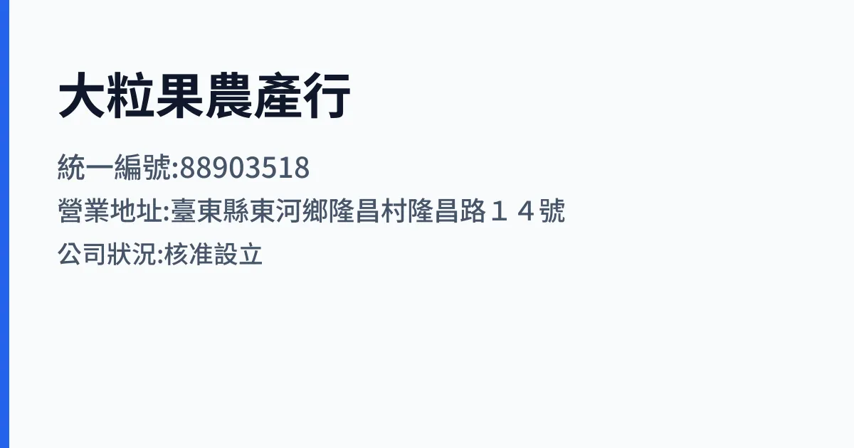 大粒果農產行 - 統編 88903518(臺東縣) 公司登記資料與營業項目詳細圖表