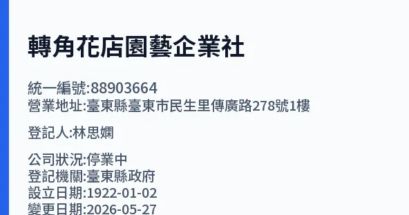 轉角花店園藝企業社的照片-統編 88903664(臺東縣) 公司登記資料與營業項目詳細圖表