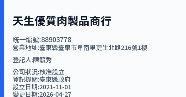 天生優質肉製品商行的照片-統編 88903778(臺東縣) 公司登記資料與營業項目詳細圖表