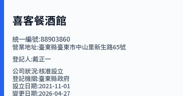 喜客餐酒館的照片-統編 88903860(臺東縣) 公司登記資料與營業項目詳細圖表