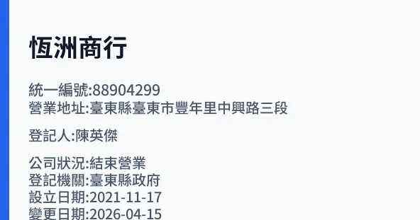 恆洲商行的照片-統編 88904299(臺東縣) 公司登記資料與營業項目詳細圖表