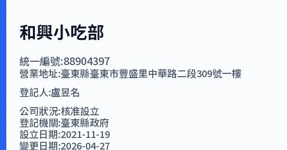 和興小吃部的照片-統編 88904397(臺東縣) 公司登記資料與營業項目詳細圖表