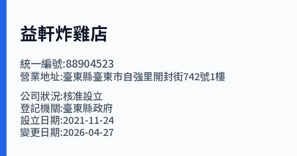 益軒炸雞店的照片-統編 88904523(臺東縣) 公司登記資料與營業項目詳細圖表
