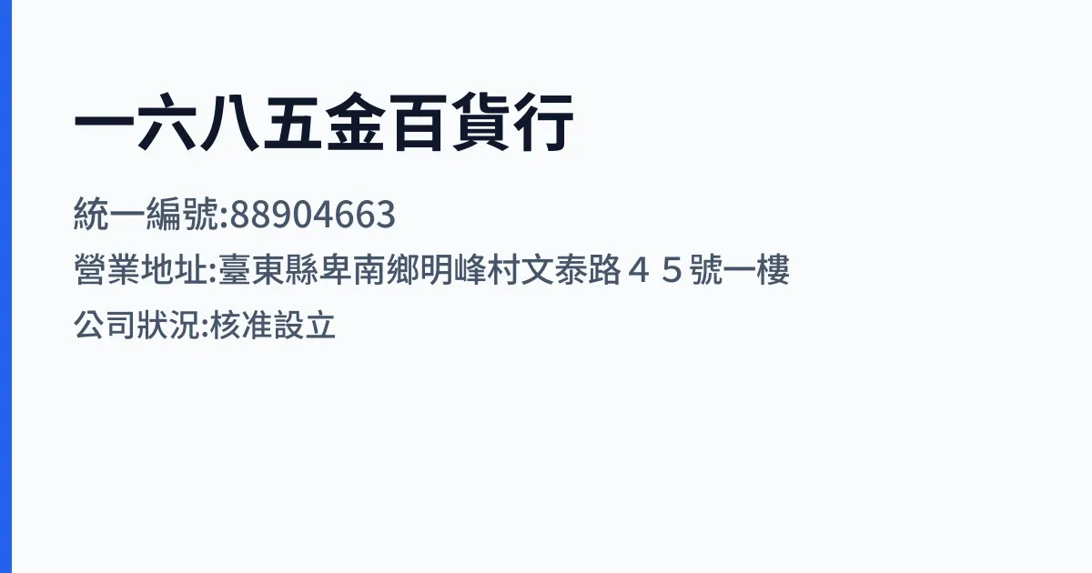 一六八五金百貨行 - 統編 88904663(臺東縣) 公司登記資料與營業項目詳細圖表