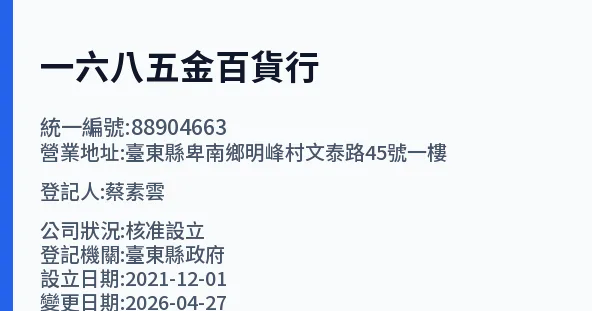 一六八五金百貨行的照片-統編 88904663(臺東縣) 公司登記資料與營業項目詳細圖表
