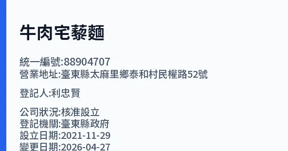 牛肉宅藜麵的照片-統編 88904707(臺東縣) 公司登記資料與營業項目詳細圖表