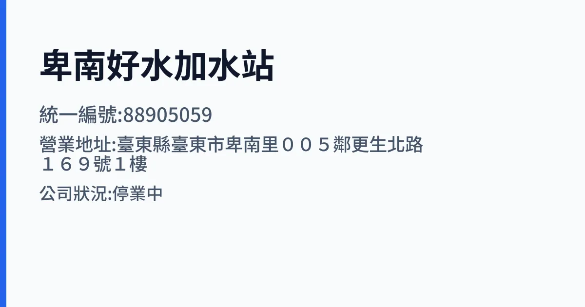 卑南好水加水站 - 統編 88905059(臺東縣) 公司登記資料與營業項目詳細圖表