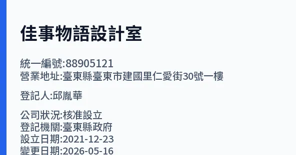 佳事物語設計室的照片-統編 88905121(臺東縣) 公司登記資料與營業項目詳細圖表