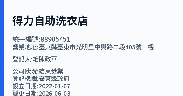得力自助洗衣店的照片-統編 88905451(臺東縣) 公司登記資料與營業項目詳細圖表