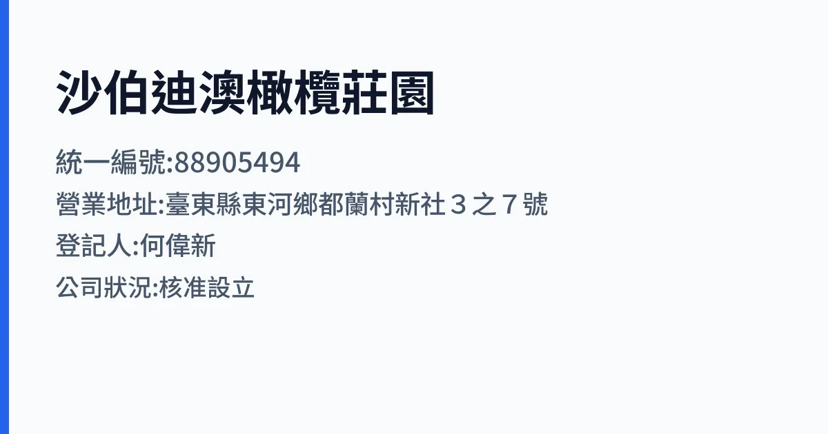 沙伯迪澳橄欖莊園 - 統編 88905494(臺東縣) 公司登記資料與營業項目詳細圖表