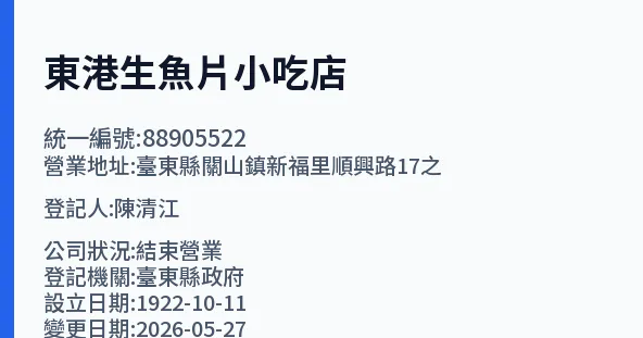 東港生魚片小吃店的照片-統編 88905522(臺東縣) 公司登記資料與營業項目詳細圖表