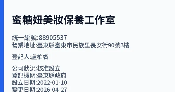 蜜糖妞美妝保養工作室的照片-統編 88905537(臺東縣) 公司登記資料與營業項目詳細圖表