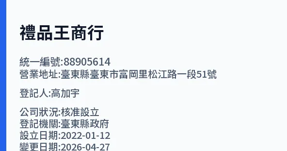 禮品王商行的照片-統編 88905614(臺東縣) 公司登記資料與營業項目詳細圖表