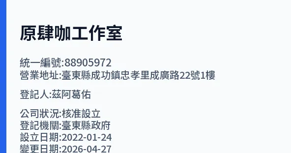 原肆咖工作室的照片-統編 88905972(臺東縣) 公司登記資料與營業項目詳細圖表