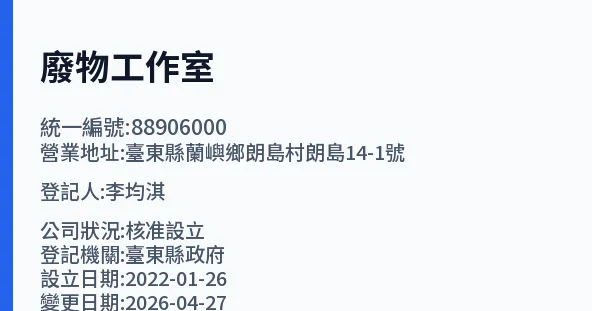廢物工作室的照片-統編 88906000(臺東縣) 公司登記資料與營業項目詳細圖表