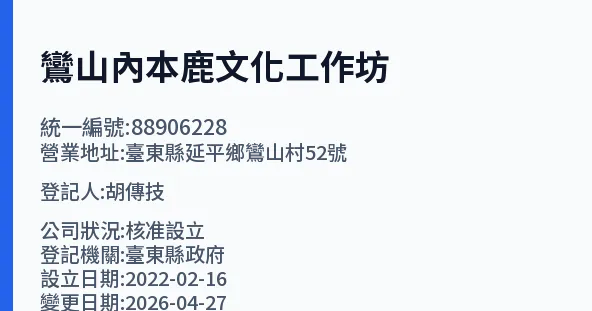 鸞山內本鹿文化工作坊的照片-統編 88906228(臺東縣) 公司登記資料與營業項目詳細圖表