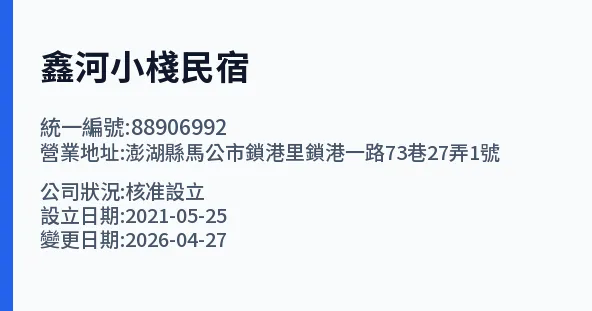 鑫河小棧民宿的照片-統編 88906992(澎湖縣) 公司登記資料與營業項目詳細圖表