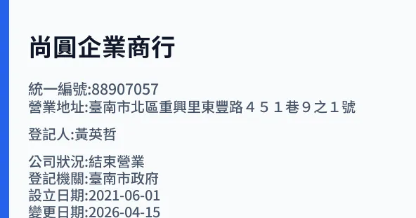 尚圓企業商行的照片-統編 88907057(臺南市) 公司登記資料與營業項目詳細圖表