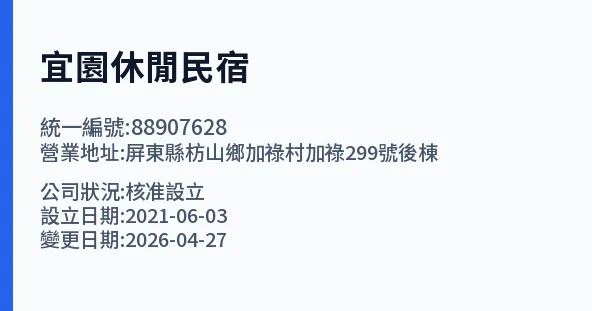 宜園休閒民宿的照片-統編 88907628(屏東縣) 公司登記資料與營業項目詳細圖表