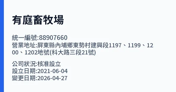 有庭畜牧場的照片-統編 88907660(屏東縣) 公司登記資料與營業項目詳細圖表