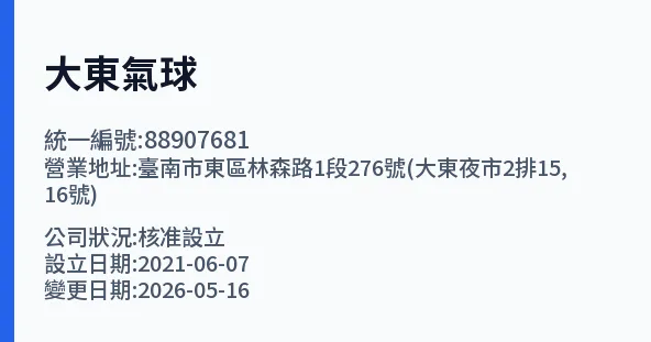 大東氣球的照片-統編 88907681(臺南市) 公司登記資料與營業項目詳細圖表
