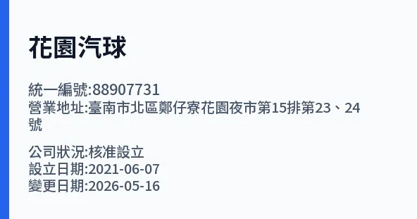 花園汽球的照片-統編 88907731(臺南市) 公司登記資料與營業項目詳細圖表