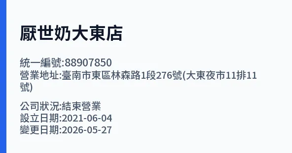 厭世奶大東店的照片-統編 88907850(臺南市) 公司登記資料與營業項目詳細圖表