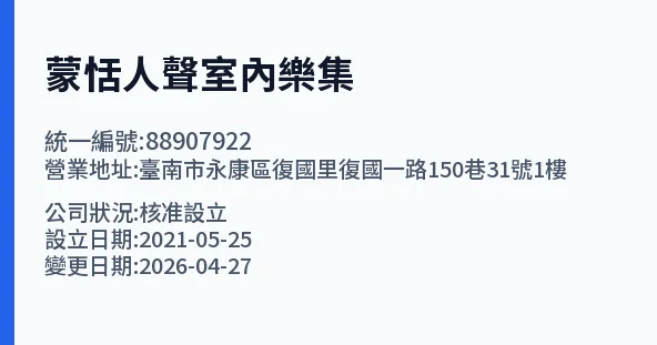 蒙恬人聲室內樂集的照片-統編 88907922(臺南市) 公司登記資料與營業項目詳細圖表