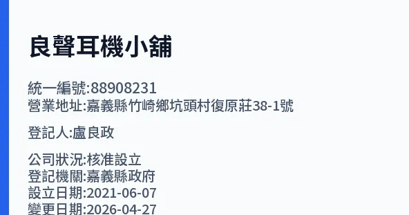 良聲耳機小舖的照片-統編 88908231(嘉義縣) 公司登記資料與營業項目詳細圖表