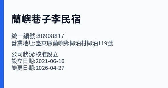 蘭嶼巷子李民宿的照片-統編 88908817(臺東縣) 公司登記資料與營業項目詳細圖表