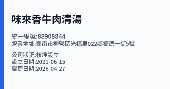 味來香牛肉清湯的照片-統編 88908844(臺南市) 公司登記資料與營業項目詳細圖表
