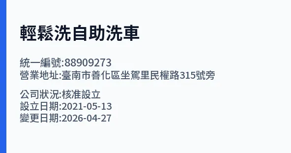 輕鬆洗自助洗車的照片-統編 88909273(臺南市) 公司登記資料與營業項目詳細圖表